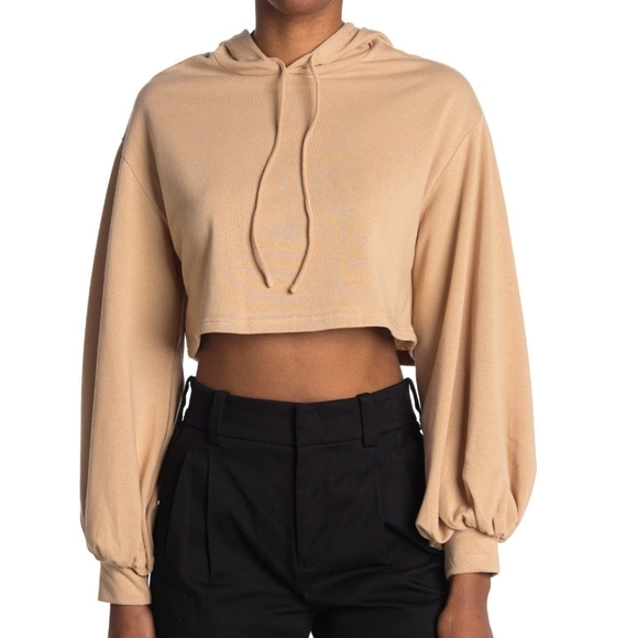 KNOWONECARES | Tops | Camel Cropped Blouson Sleeve Hoodie | Poshmark